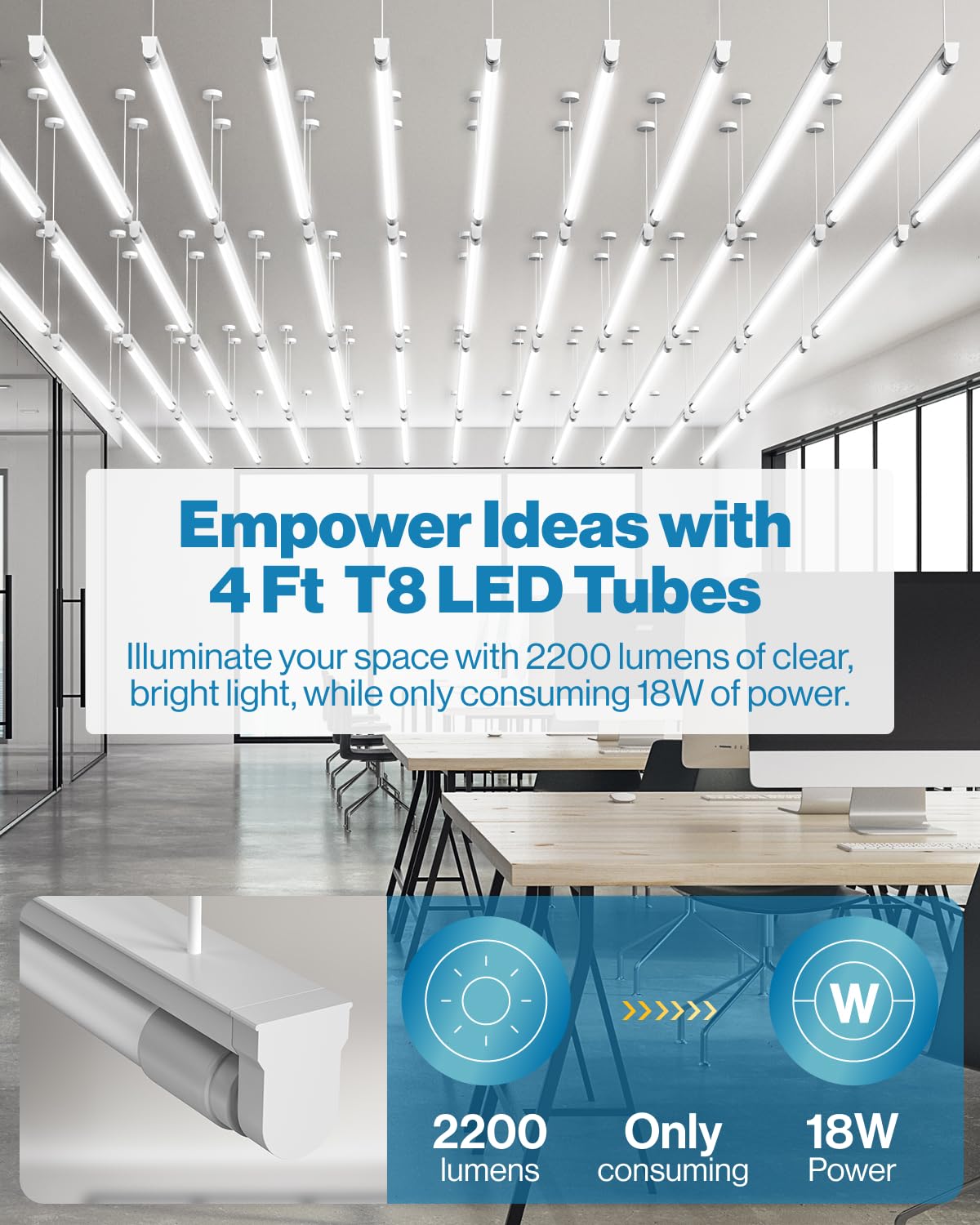 Sunco 10 Pack T8 LED Tubes 4FT Fluorescent Replacement, 48 Inch, 18W, 2200LM, 5000K Daylight, Single Ended Power, Type B, Ballast Bypass, Frosted Lens UL