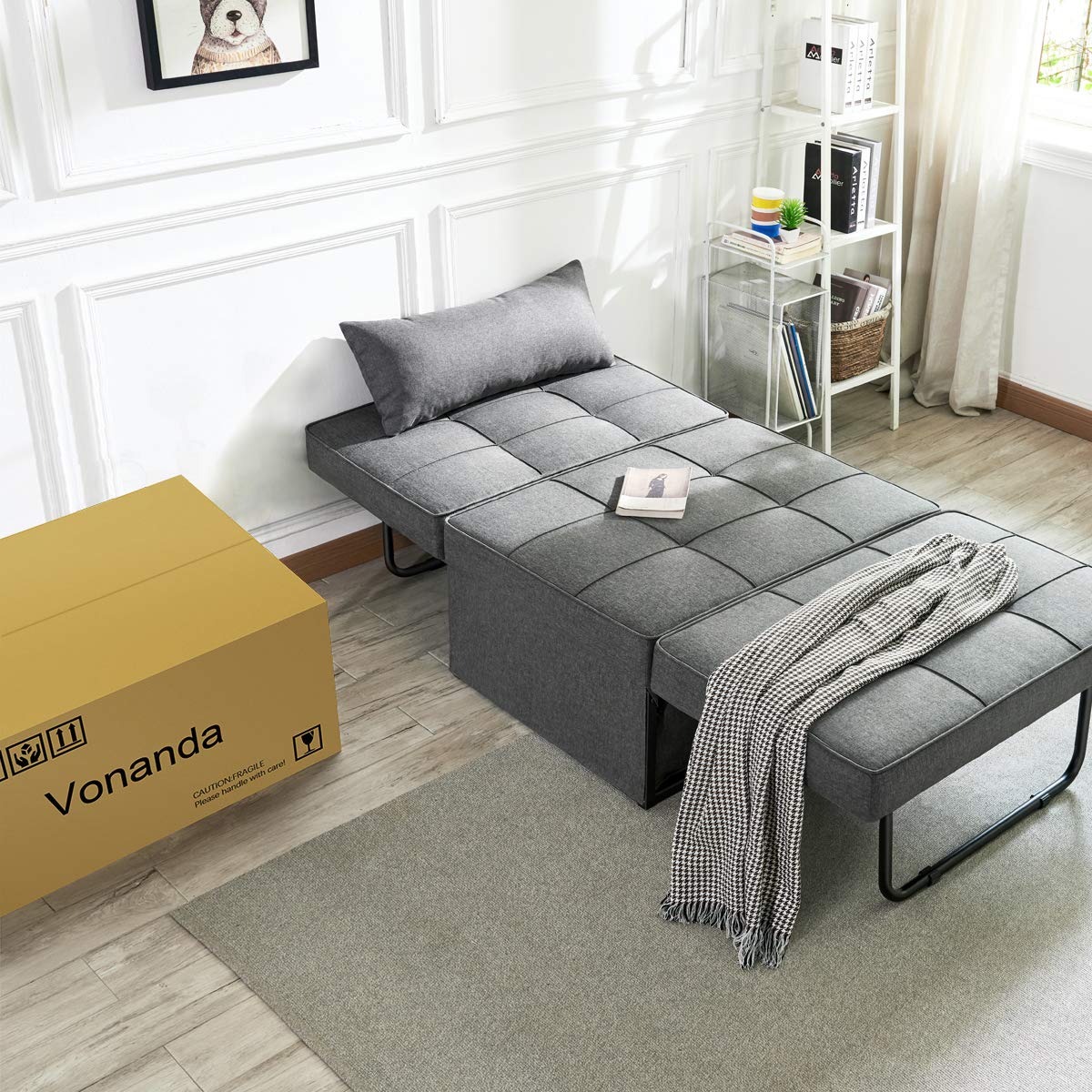 Vonanda Ottoman Folding Chair Bed, Modern Velvet Sleeper Sofa Multi-Position Convertible Couch Lounger Guest Bed with Pillow for Small Space, Velvet Gray
