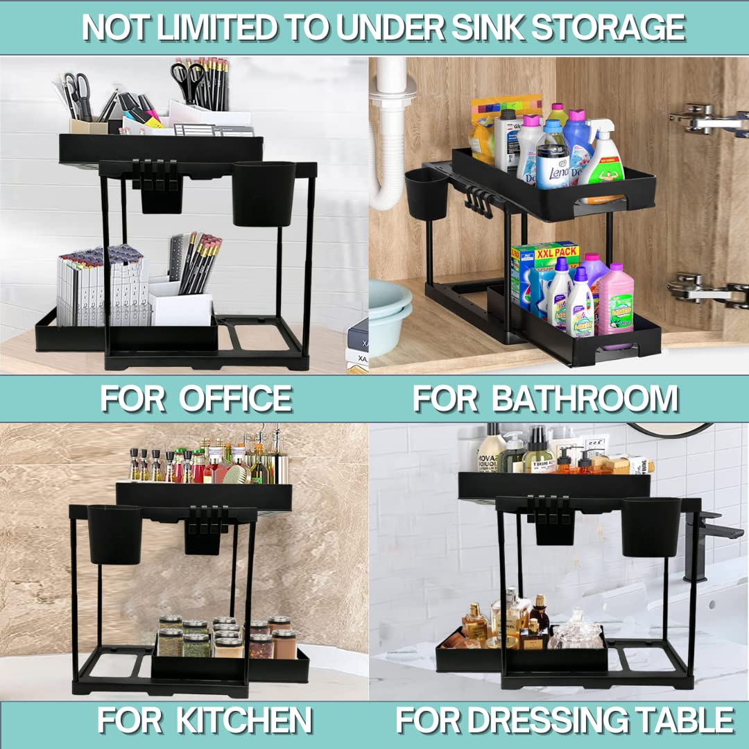 THE DWELLERY Under kitchen sink organizers and storage, 2 Pack under the sink organizer with hooks & Hanging Cup, 2 Tier Large Capacity under sink organizers and storage pull out drawers (Black) (2)