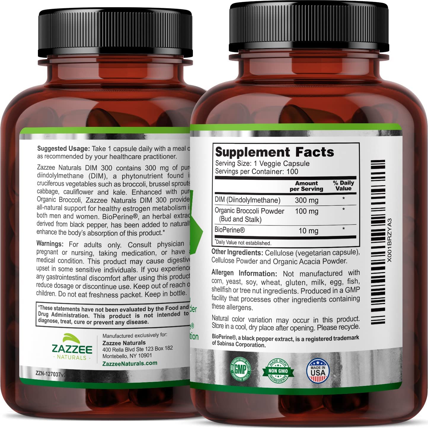 Zazzee Extra Strength DIM 300, 10 mg BioPerine and 300 mg DIM per Capsule, 100 Vegan Capsules, 3+ Month Supply, Plus Pure Organic Broccoli Extract, 100% Vegetarian, All-Natural and Non-GMO