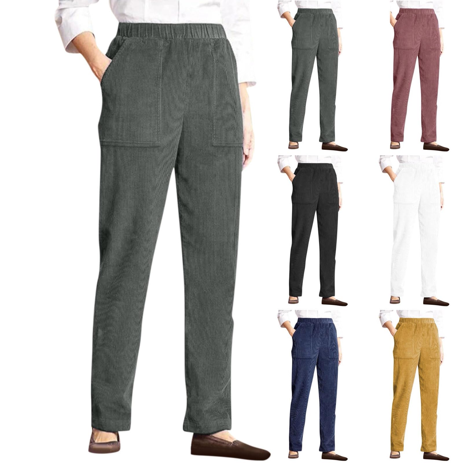 Vintage Corduroy Pants for Women Elastic High Waist Straight Wide Leg Pants Fall Winter Lounge Work Trousers w/Pocket