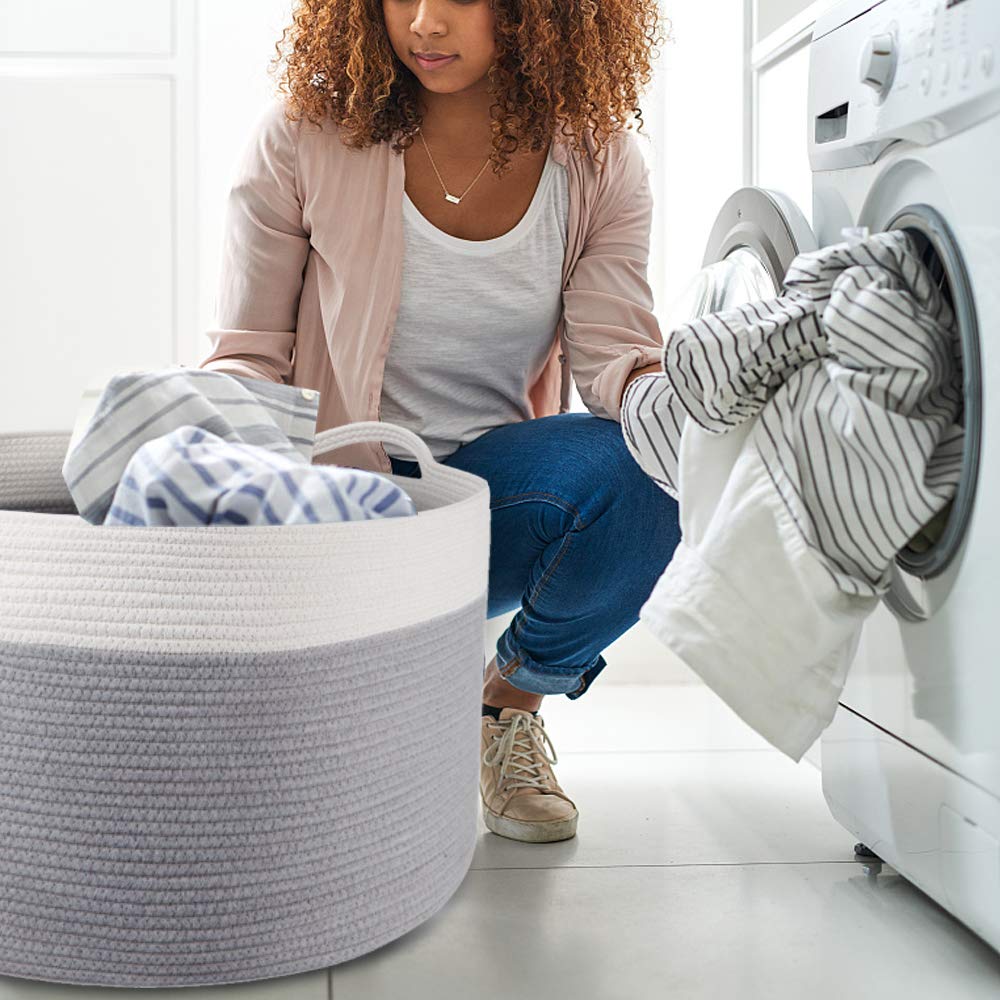 Zilink Large Blanket Basket for Living Room 21.7" x 13.8" Rope Woven Baskets for Storage Decorative Toy Basket for Organizing with Carry Handles, Grey White