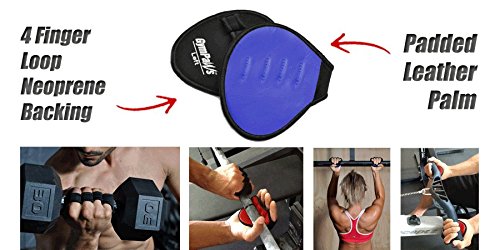 Real Leather Workout Gym Grip Pads w 4 Finger Loop Sweatproof Backing (Blue)