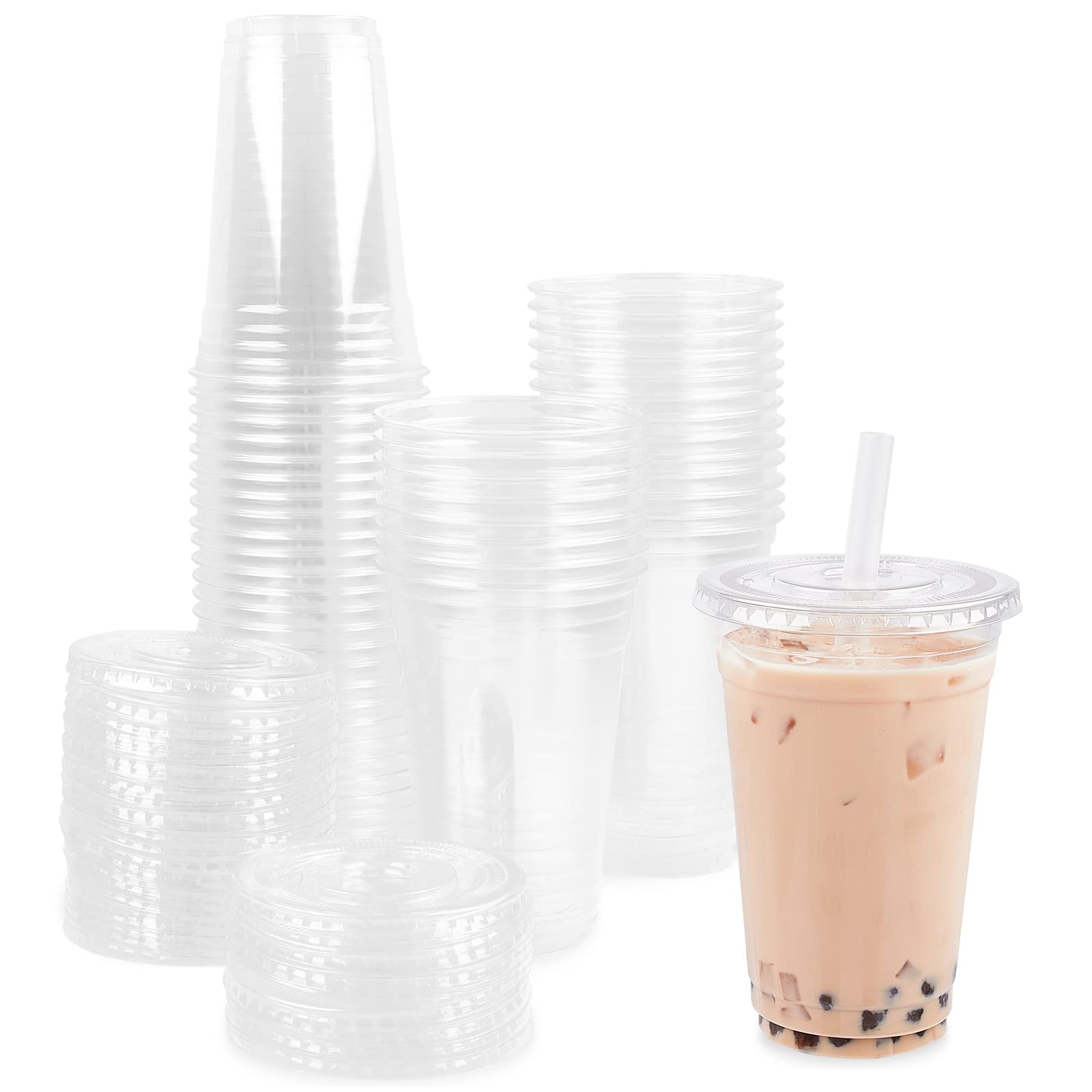 Zezzxu 50 Pack 20oz Clear Plastic Cups with Hole Flat Lids and Straws, Crystal Clear PET Disposable Party Cups for Cold Drinks, Iced Coffee, Juice, Smoothie, Milkshake