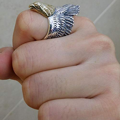 Two Tone Flying Eagle Ring with Golden Head Vintage 925 Sterling Silver Hawk Ring for Men Women Open Adjustable