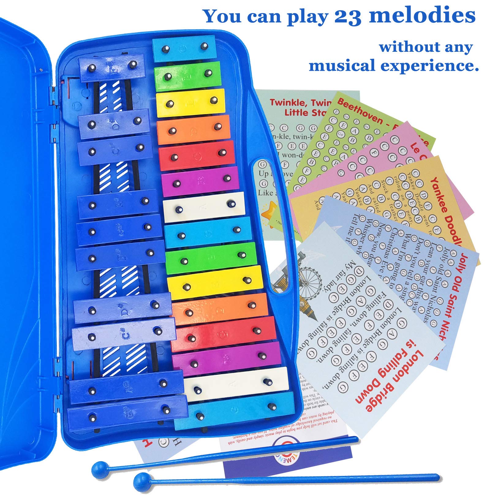 Xylophone 25 Note Colorful Chromatic Glockenspiel in Case Clear Tuned Metal Keys - Card Set w Songs