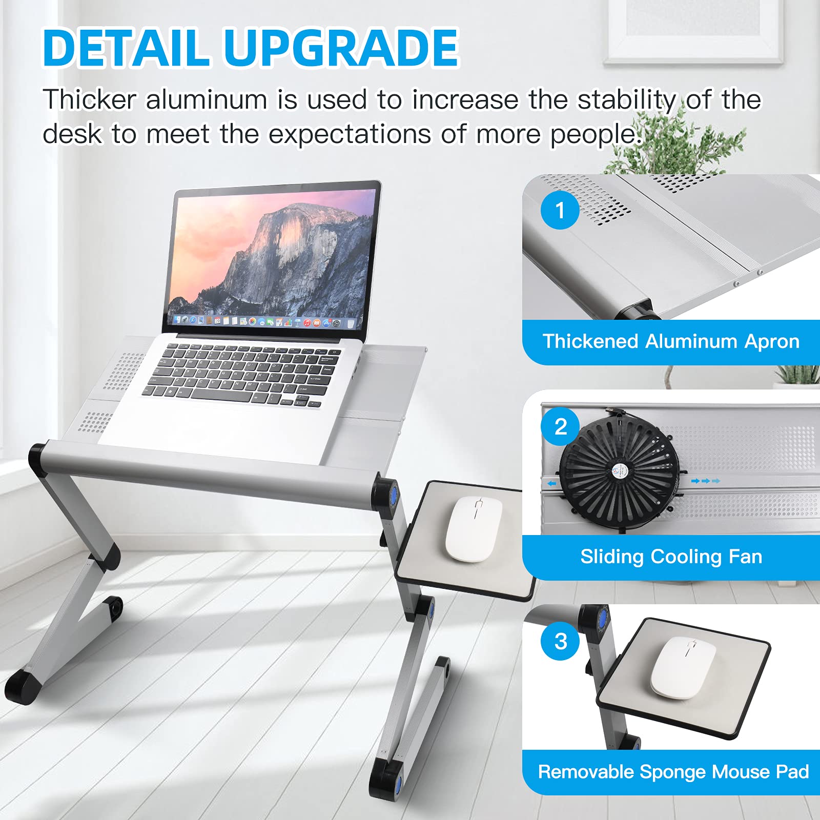 Upgraded Aluminum Laptop Stand Adjustable with Cooling Fan and Mouse Pad, Reinforced Ergonomic Lap Desk Foldable Portable Computer Table for Bed Sofa Couch Office (Extra Wide Tray: 19", Silver)