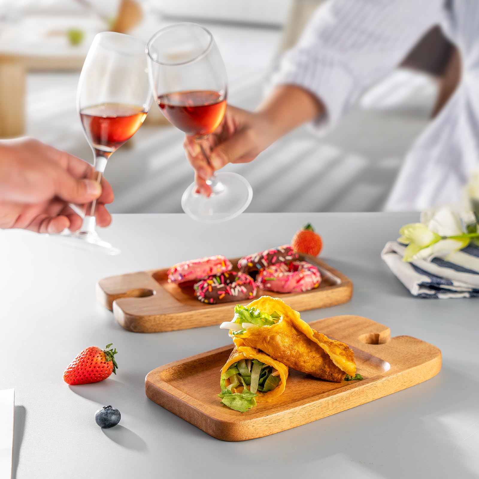 Wine Appetizer Serving Board, James.F Picnic Plate Set of 2, Acacia Wooden Serving Tray with Wine Holder, Mini Charcuterie Cheese Serving Boards Sets for Parties