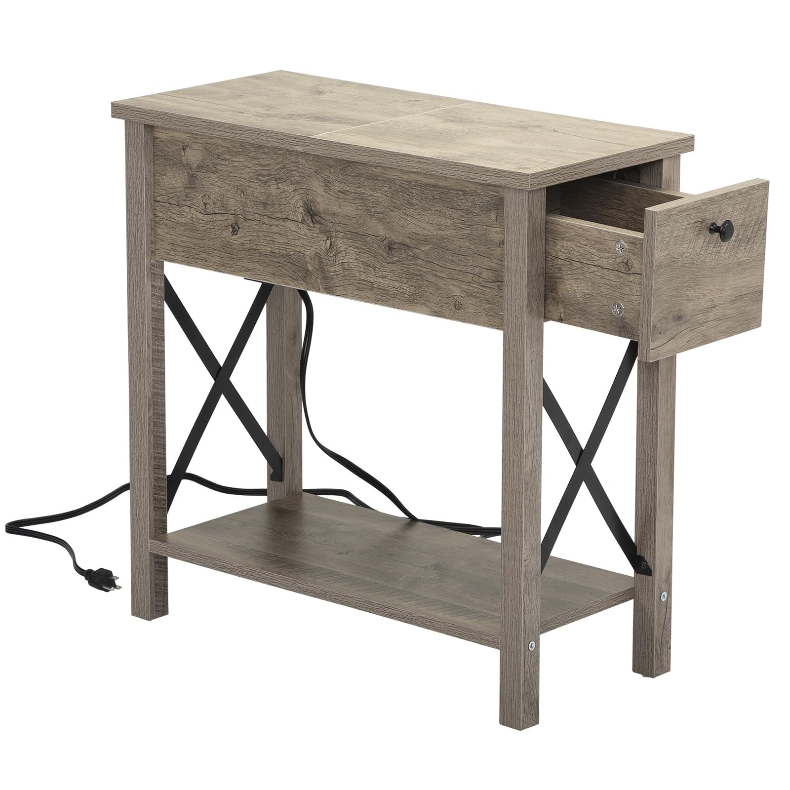 Tidyard Set of 2 Flip Top End Table with Charge Station, X-Shaped Profile Narrow Side Table with Drawer for Office, Bedroom, Living Room, Gray