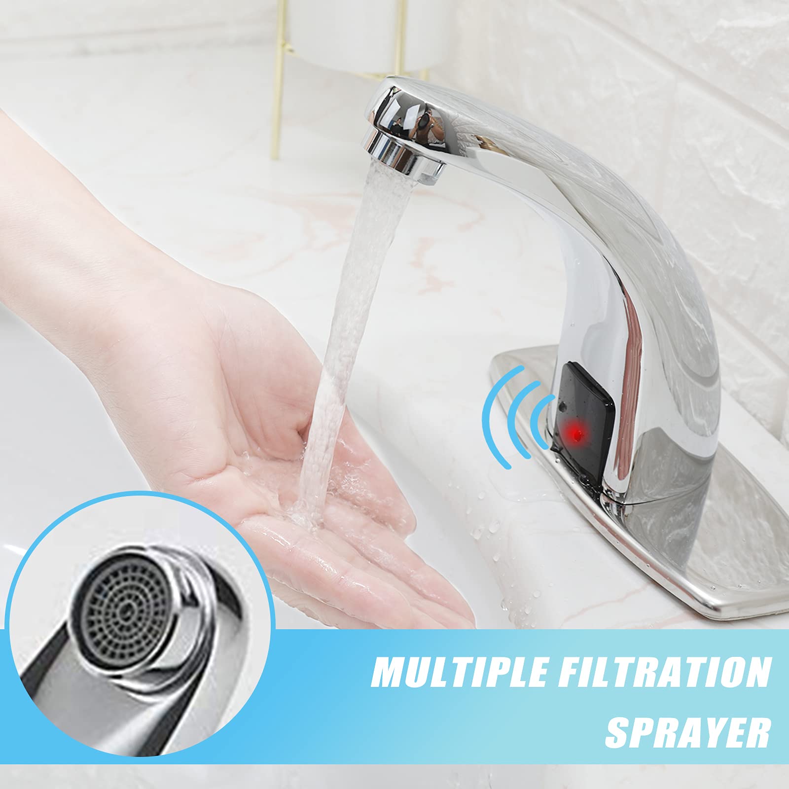 Touchless Bathroom Faucet Automatic Sensor with Hole Cover Plate Chrome Hands Free Vanity Sink Faucets with Control Box and Temperature Mixer Bathroom Water Tap Commercial by BWE