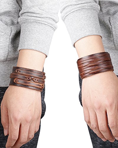 THUNARAZ 2PCS Leather Cuff Bracelet Wrap Wristband Button Bangle for Men Women Adjustable Wide Brown Belt Punk Bracelet