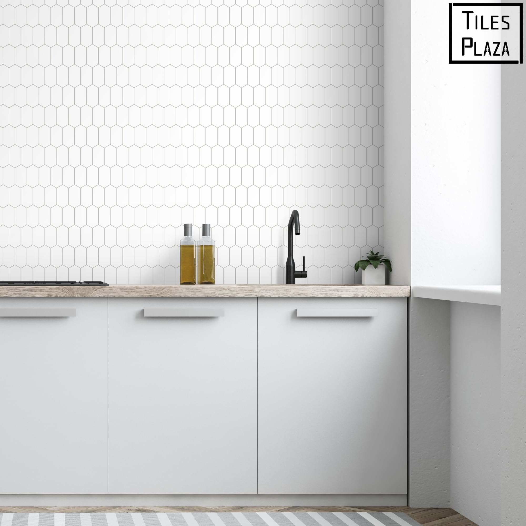 The Tiles Plaza Backsplash Tile for Kitchen Peel and Stick. Blue Long Hexagon Self Adhesive Wall Tile. Stone Composite Stick On Decorative Mosaic Tile for Bathroom, Fireplace, 1 Sheet, 0.9 Sq Ft.