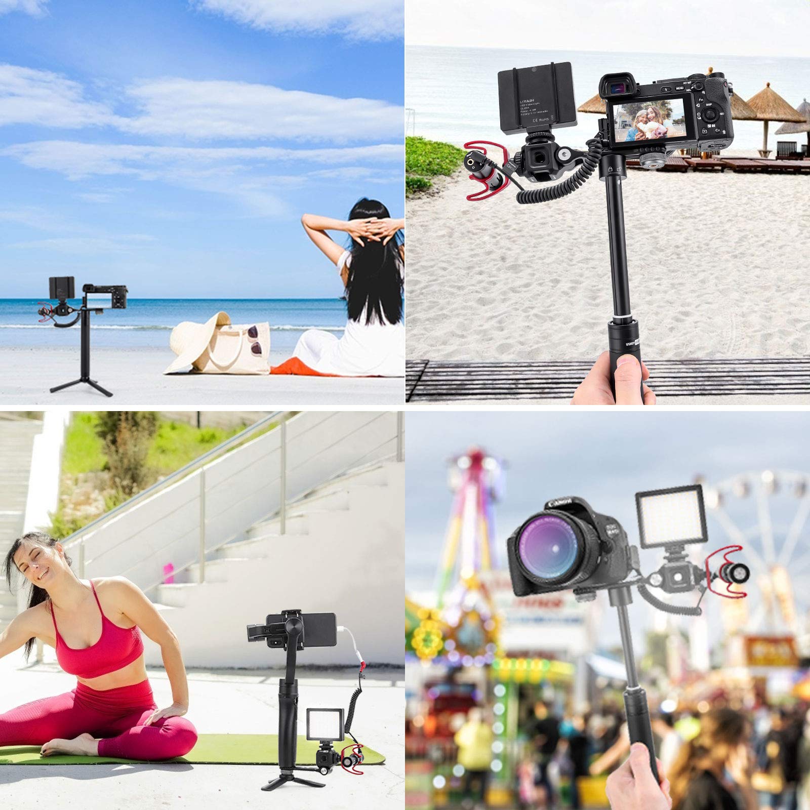 USKEYVISION Triple Cold-Shoe Mount Bracket Kit for Camera & Gimbal 180° Roll Microphone Video Light Mount Dual 1/4in Thread Compatible with All DSLR Cameras & All Gimbals (UVCS-2)