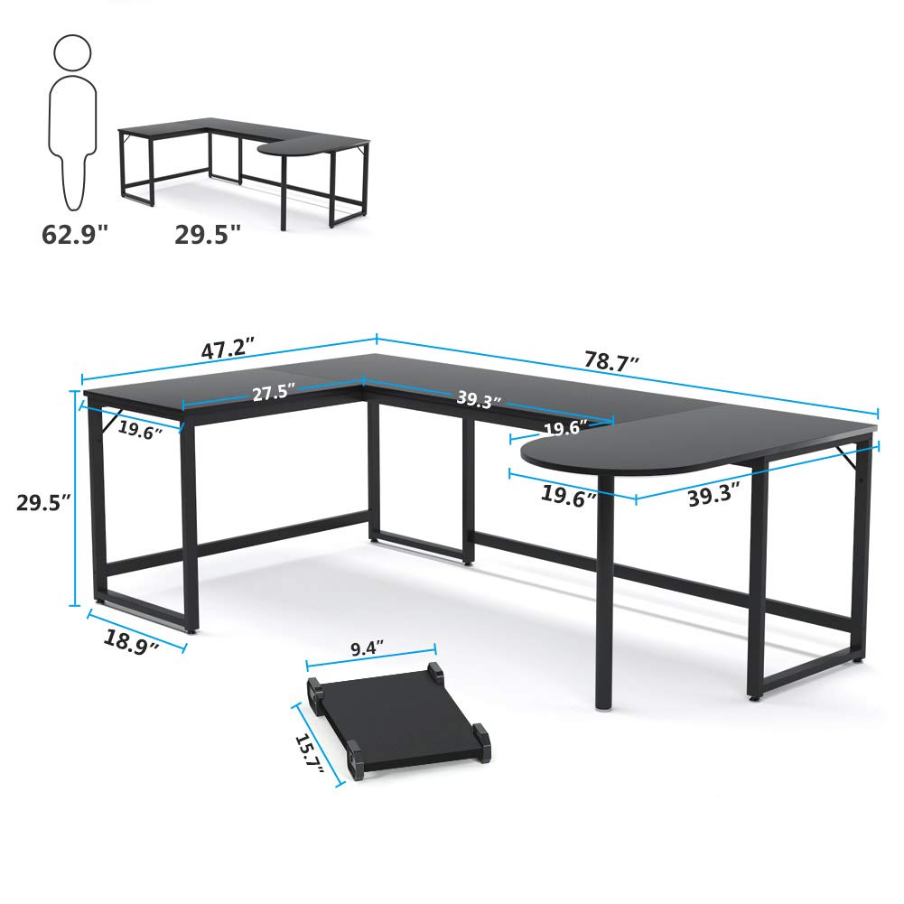Tribesigns U Shaped Desk, Large L-Shaped Desk Corner Computer Office Desk Writing Table with Printer Stand, 78.7 x 47.2 inch Executive Workstation Desk for Home Office(Matte Black)