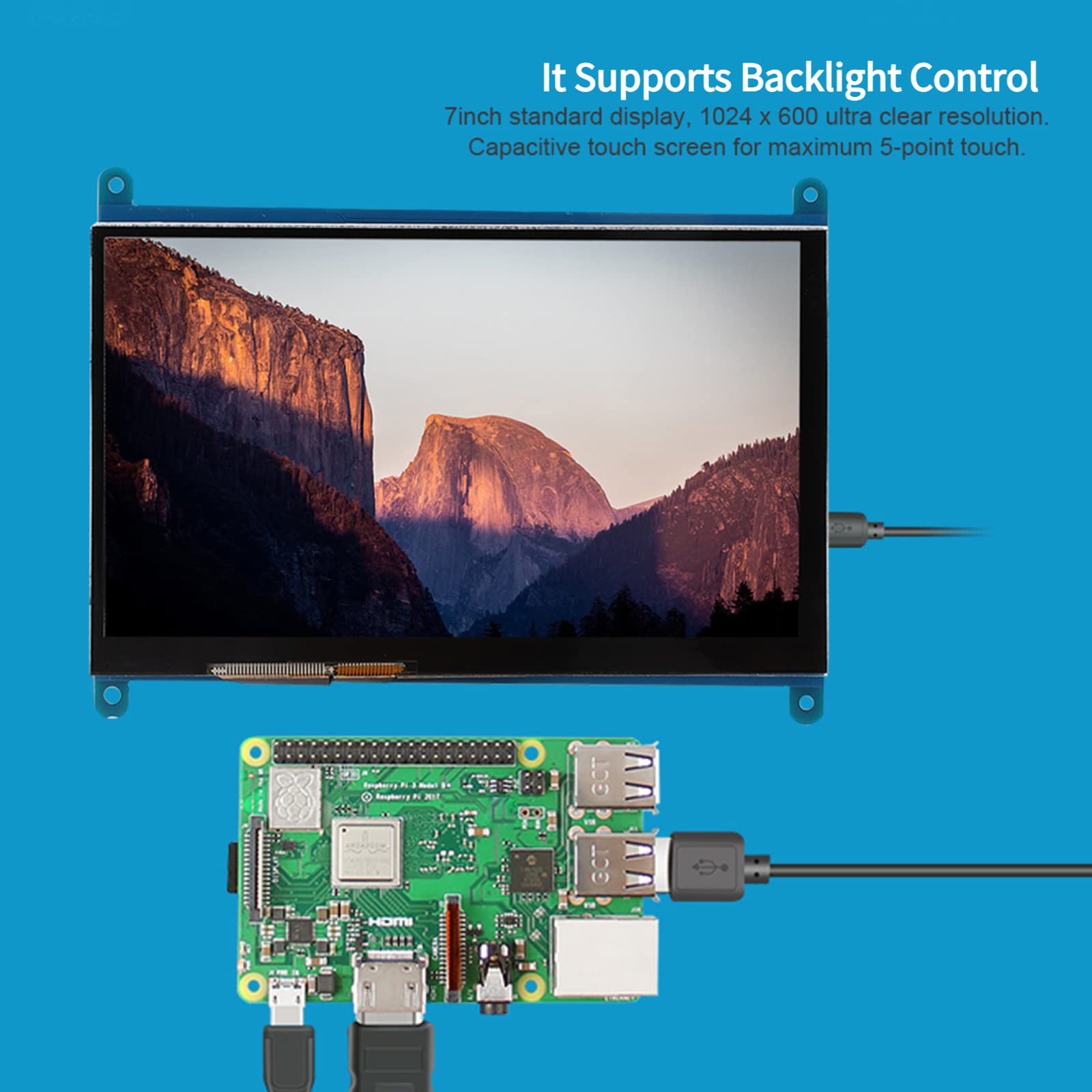Yoidesu Capacitive Touch Screen 7 Inch for Raspberry Pi 3/2/1, 1024 × 600 Full HD Portable Gaming Monitor with Backlit, HDMI Touch Panel, Compatible with Windows 7, 8, 10