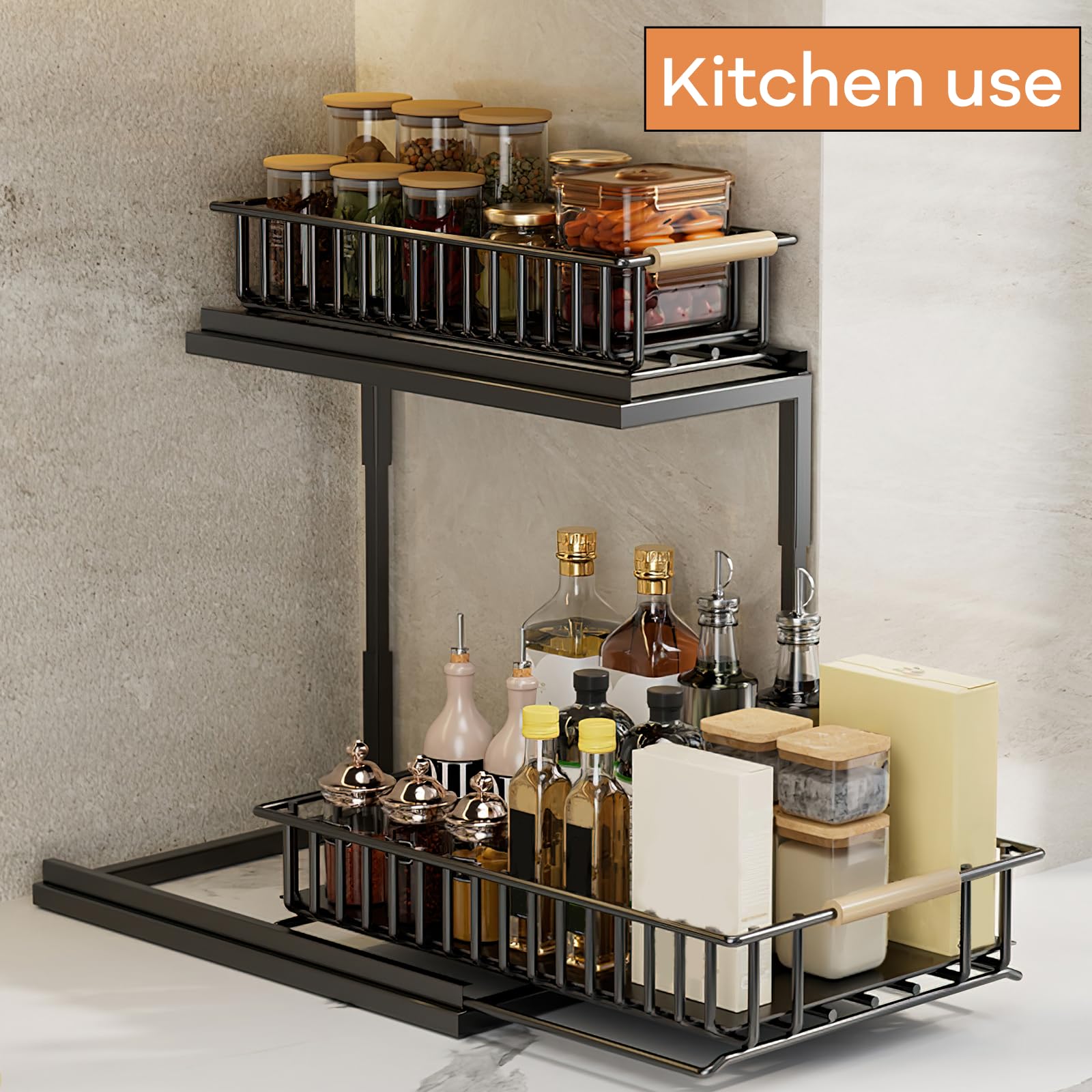 YZHDUXIU 2-Tier Sliding Under Sink Organizers and Storage, Rustproof Metal Pull Out Cabinet Organizer with Wooden Handle, Multi-Use Under Sink Storage for Kitchen Bathroom