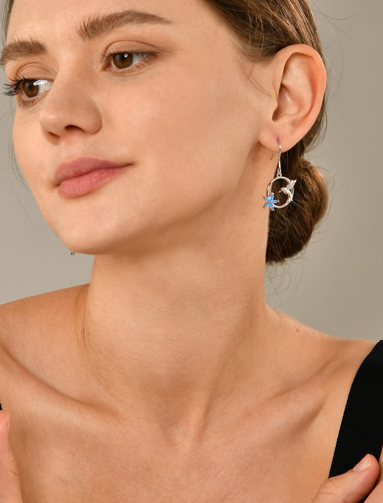 YL Hummingbird Hook Earrings Sterling Silver Flowers Dangle Drop Earrings Created Aquamarine Jewelry Women