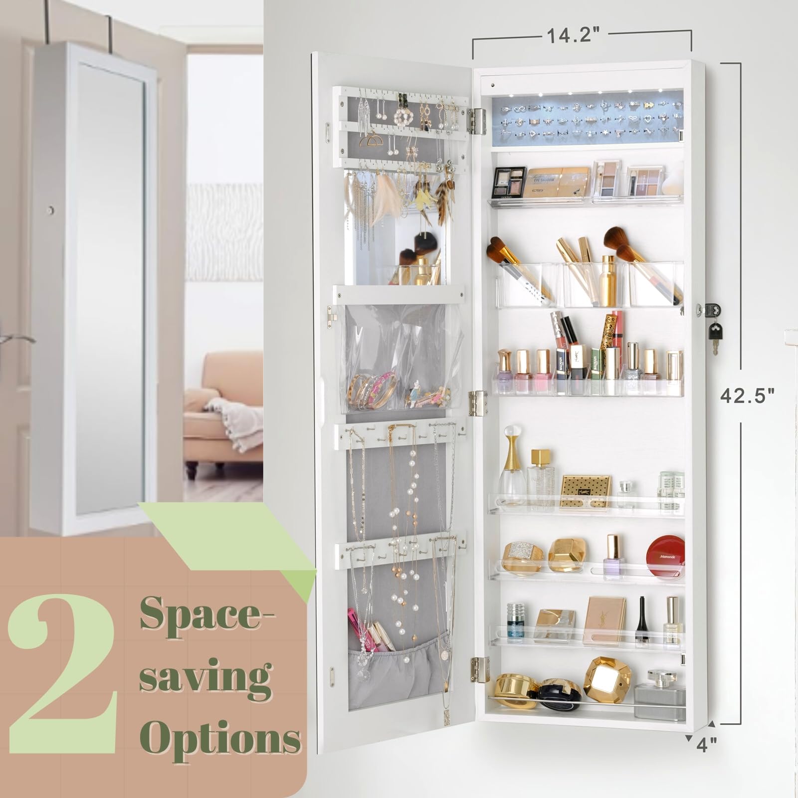 YOKUKINA LED Mirror Jewelry Armoire Wall & Door Mounted - Full length mirror jewelery cabinet w/Large Lockable Mirror Organizers and Storage
