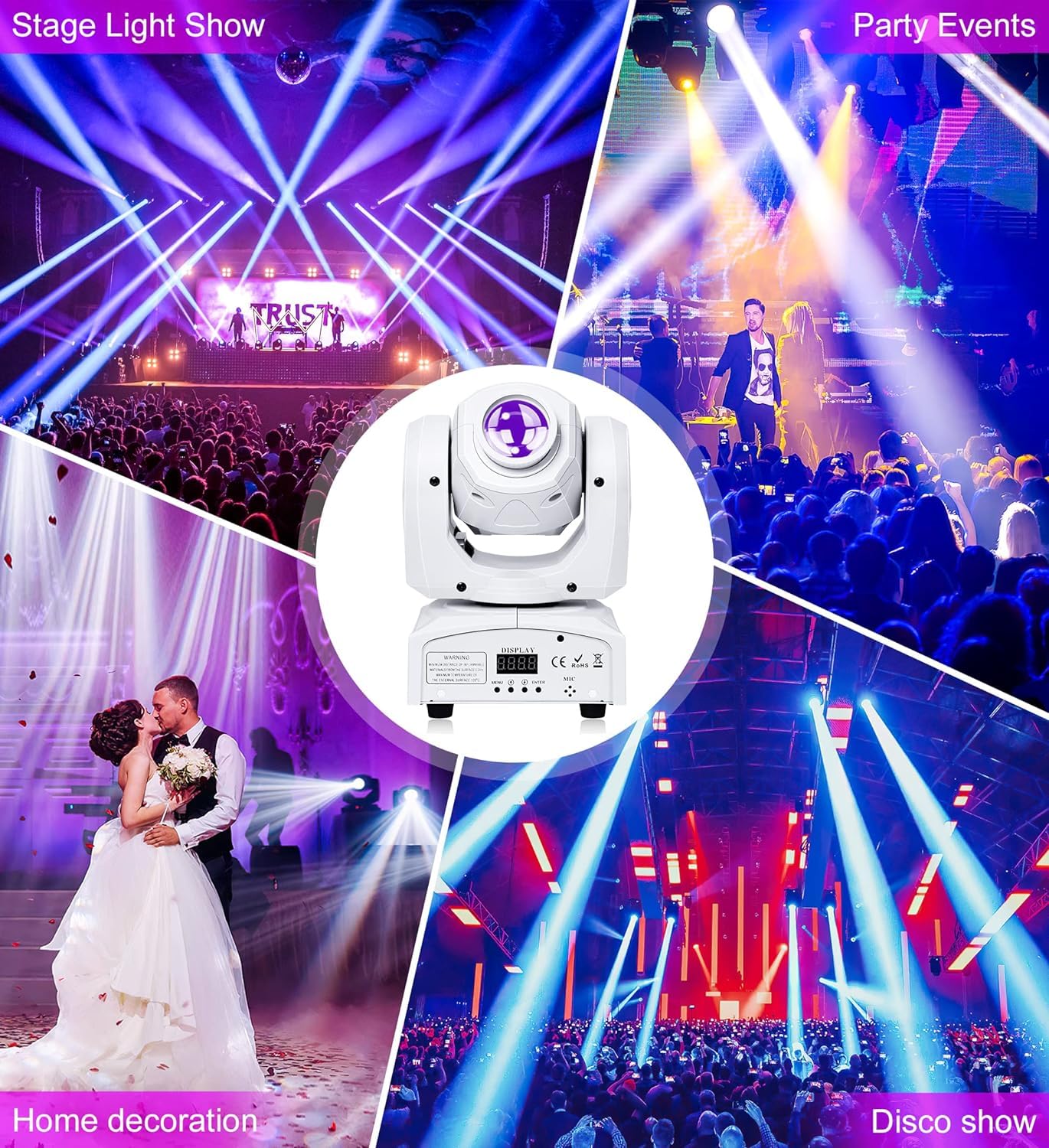 U`King 60W Moving Head Lights, White Moving LED DJ Lights RGBW Stage Light with Remote 8 GOBO 8 Pattern Spotlight by DMX 512 Controlled 9/11 Channel for Church KTV Club Concert Party Wedding