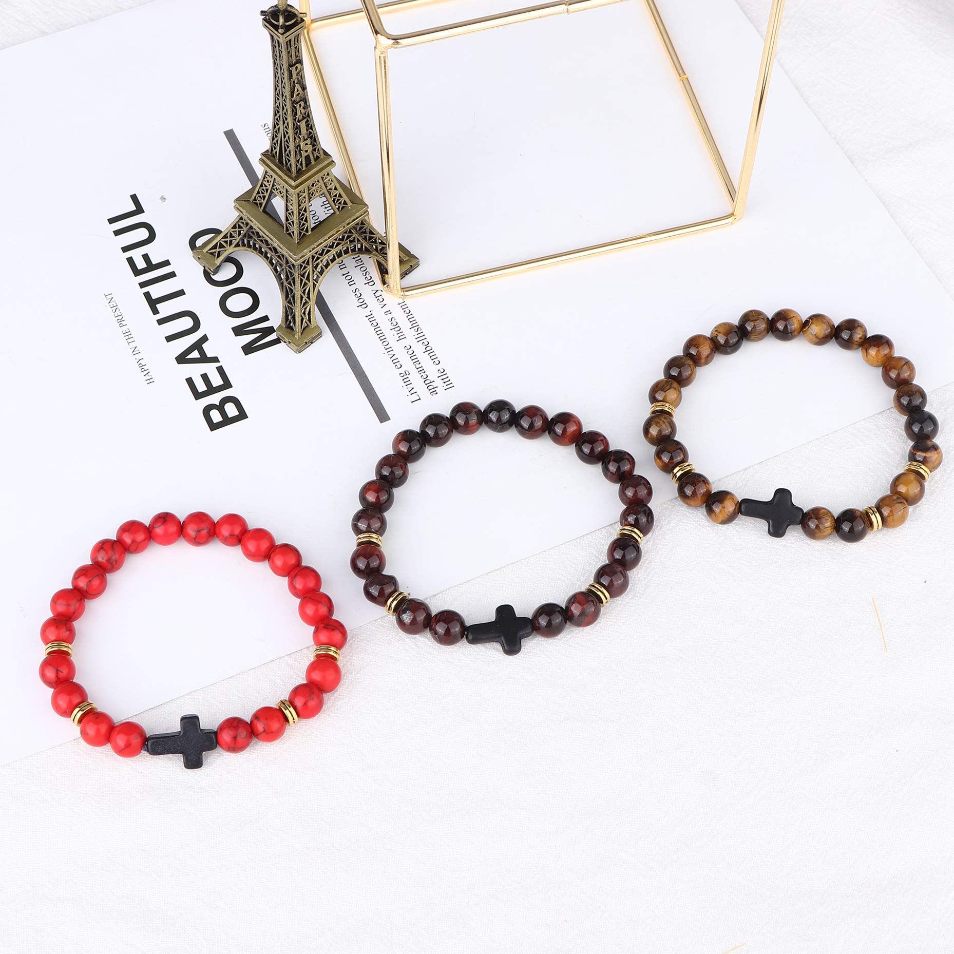 YADOCA 8 Pcs 8MM Beads Bracelet for Men Women Lava Rock Tiger Eye Stone Howlite Natural Stone Stretch Elastic Cross Bracelet Set