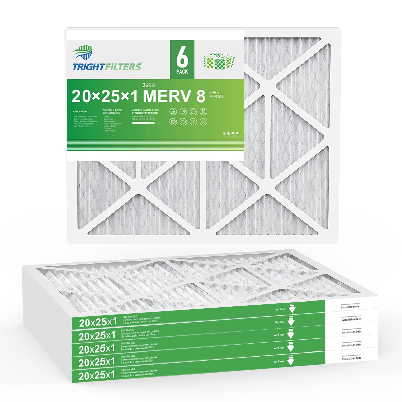 TRIGHTFILTERS 20x25x1 Air Filter MERV 8, Pleated HVAC AC Furnace Home Air Filters Replacement 6 Pack