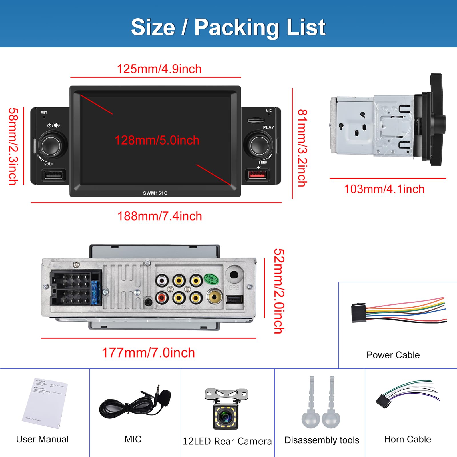 Single Din Car Stereo with Carplay Android Auto, 5 Inch Touch Screen Car Radio with Bluetooth 5.1 FM Radio Mirror Link Voice Control USB Fast Charging SWC TF Dual Mic + 12LED Backup Camera