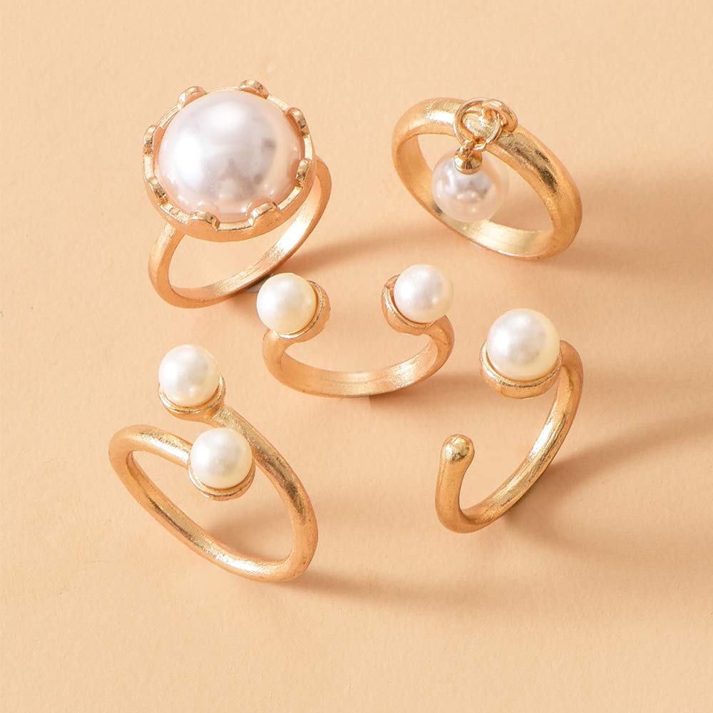 Xerling 5 Pcs Women Girls Pearl Open Ring Gold Knuckle Stackable Joint Finger Rings Sets Bohemian Trendy Ring
