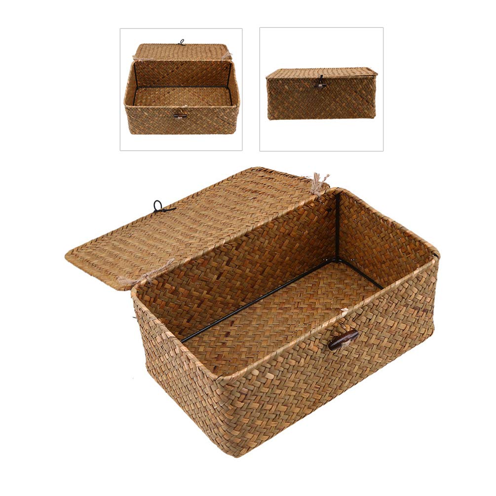 VALICLUD Large Wicker Baskets with Lids Woven Seagrass Storage Basket Woven Storage Bins Basket with Lid Kids Storage Organizer for Toys Makeup Woven Trash Can Snack Wooden Fruit Dish Child