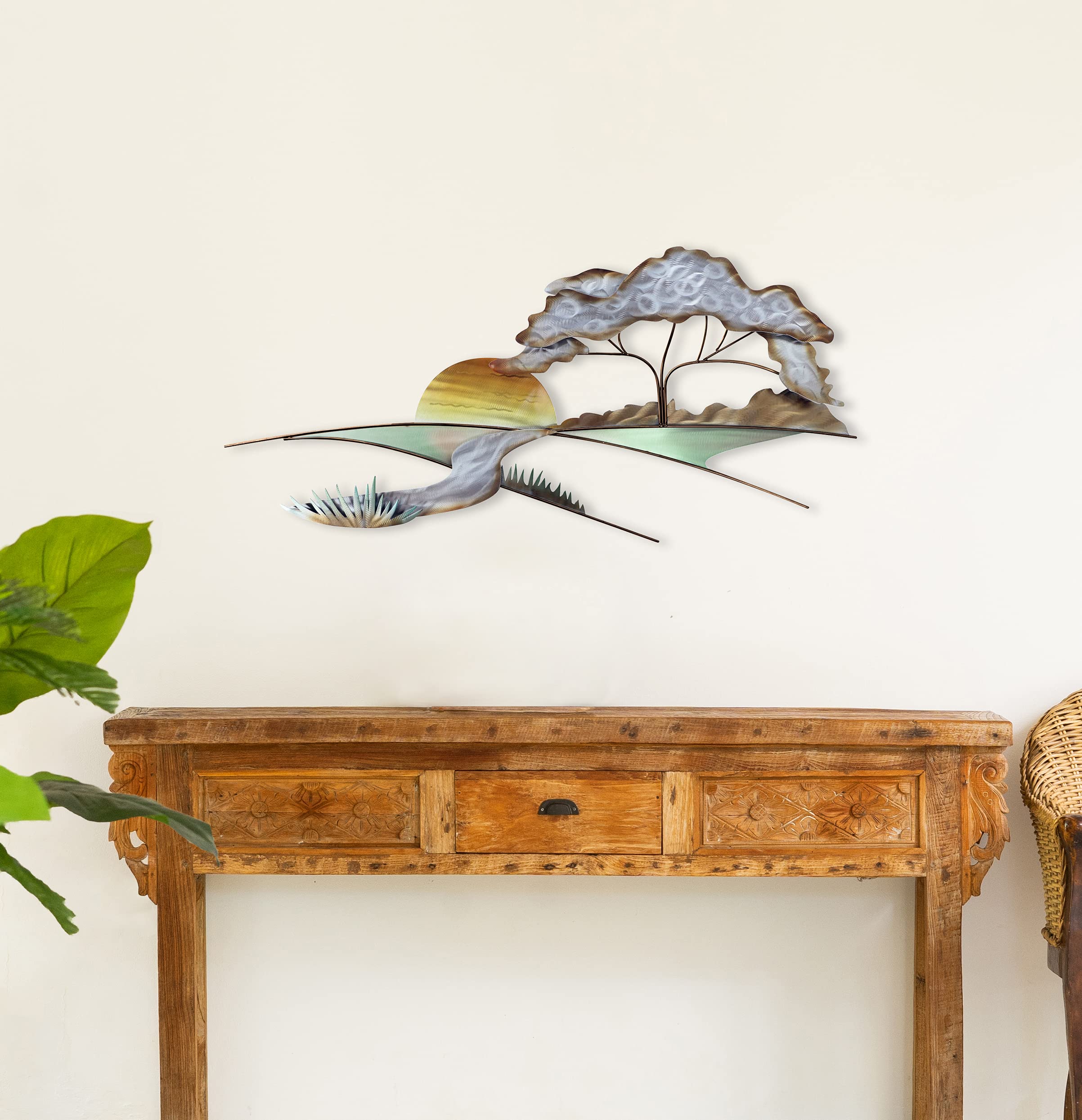 T.I. Design Oak Hill | Contemporary Metal Tree with Setting Sun Stainless Steel Wall Decor