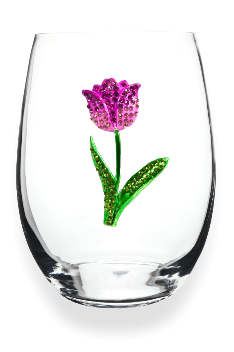 THE QUEENS' JEWELS Tulip Jeweled Stemless Wine Glass, 21 oz. - Unique Gift for Women, Birthday, Cute, Fun, Not Painted, Decorated, Bling, Bedazzled, Rhinestone