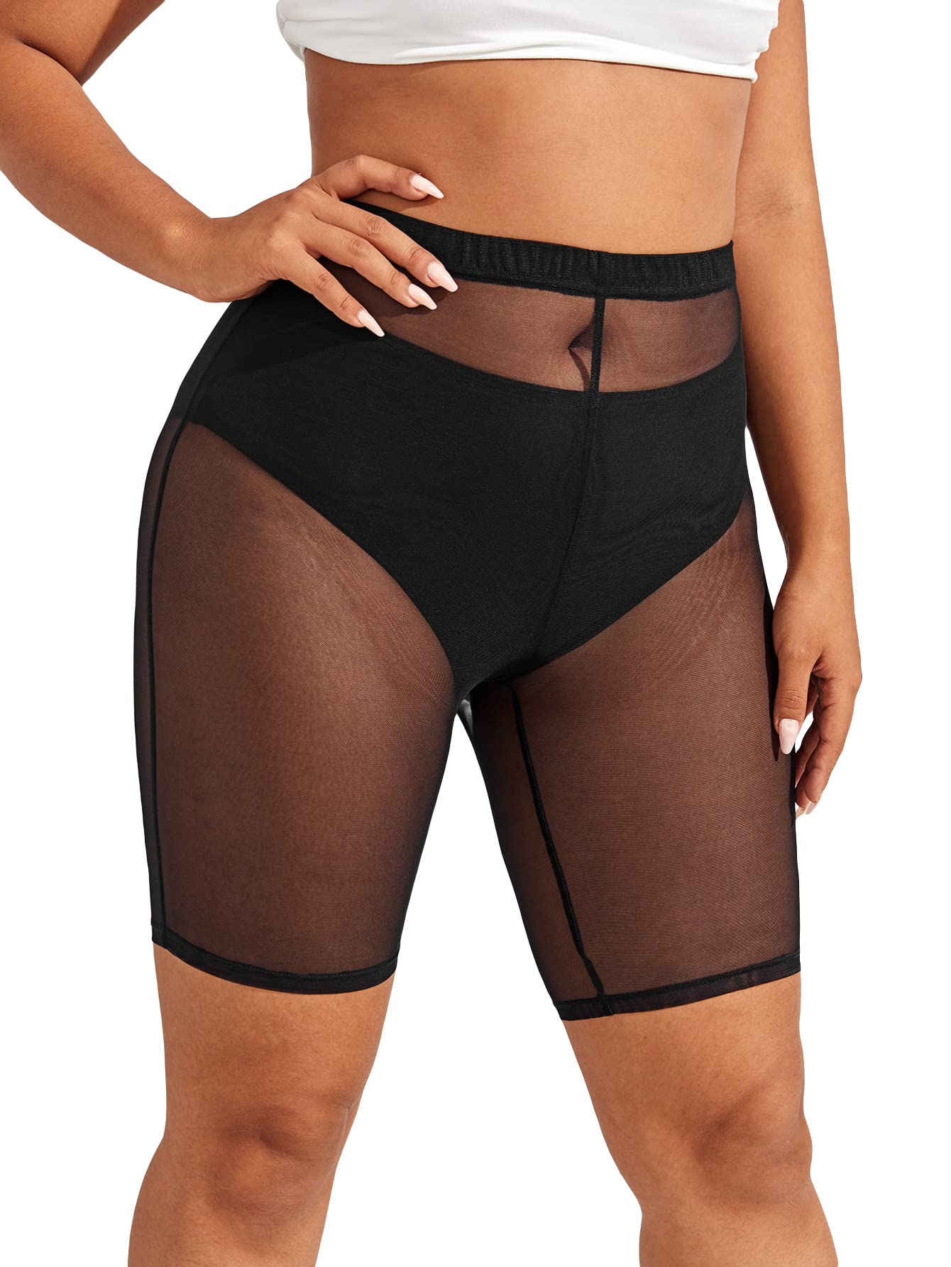 WDIRARA Women's Plus Size Elastic Waist Sheer Mesh Biker Shorts Short Leggings Black 4XL