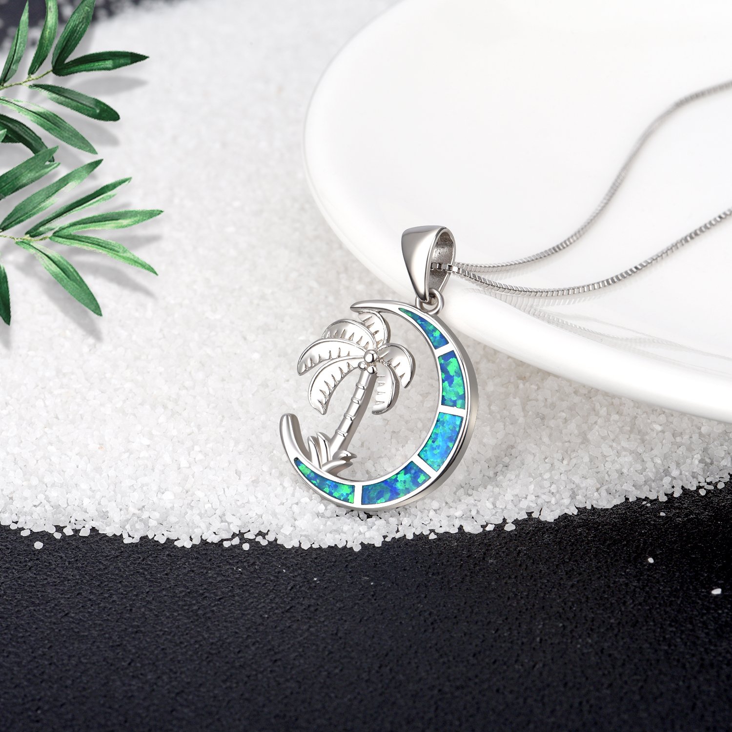 SOULMEET Palm Tree Blue Simulated Opal Moon Necklace, Sterling Silver Palm Tree Jewelry for Her, Summer Beach Style October Birthstone Christmas Gift Idea