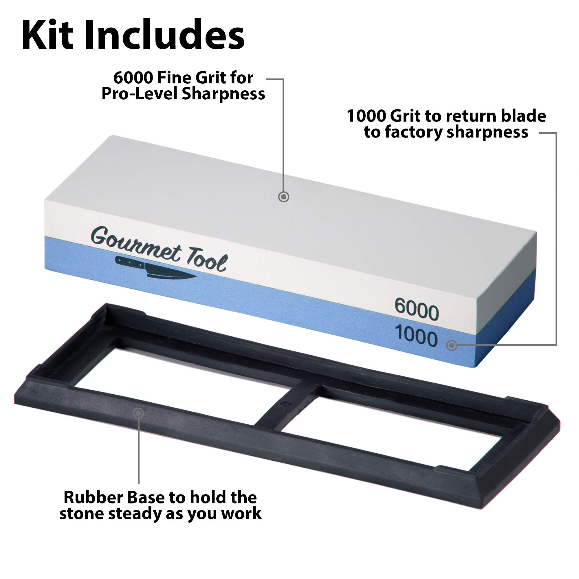 Whetstone Knife Sharpener by Gourmet Tool - 1000/6000 Knife Sharpening Stone - Waterstone 1000-6000 Grit with Non-Slip Rubber Base - Best Wet Stone Kitchen Knives Gift Ideas