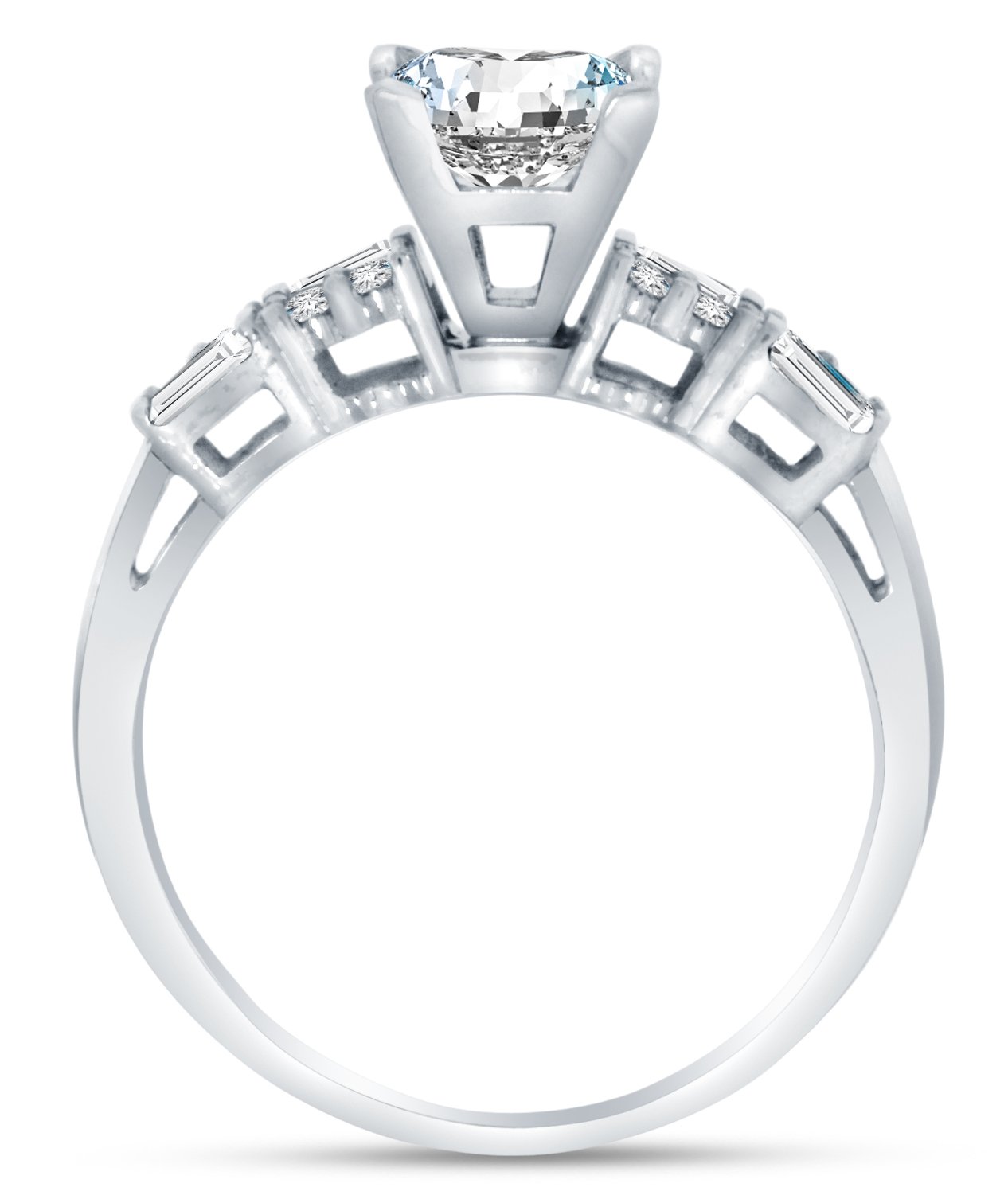 Size 4 - Solid 14k White Gold CZ Cubic Zirconia Bridal Engagement Ring w/Matching Wedding Band Two Ring Set - Princess Cut Solitaire with Round & Baguette Side Stones (2.25cttw., 1.0ct. Center)