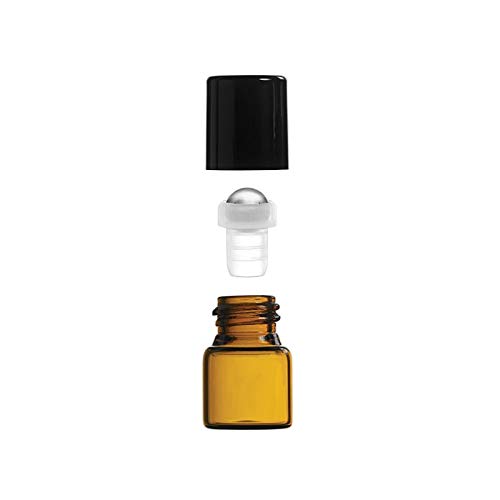 USRommaner 50 Pack 1ml Amber Glass Vials Roll On Bottle,Glass Roller Bottle With Stainless Steel Roller Ball,Black Cap Lid-Perfect Sample For Essential Oils,Aromatherapy,No Leak,Free Opener&Dropper