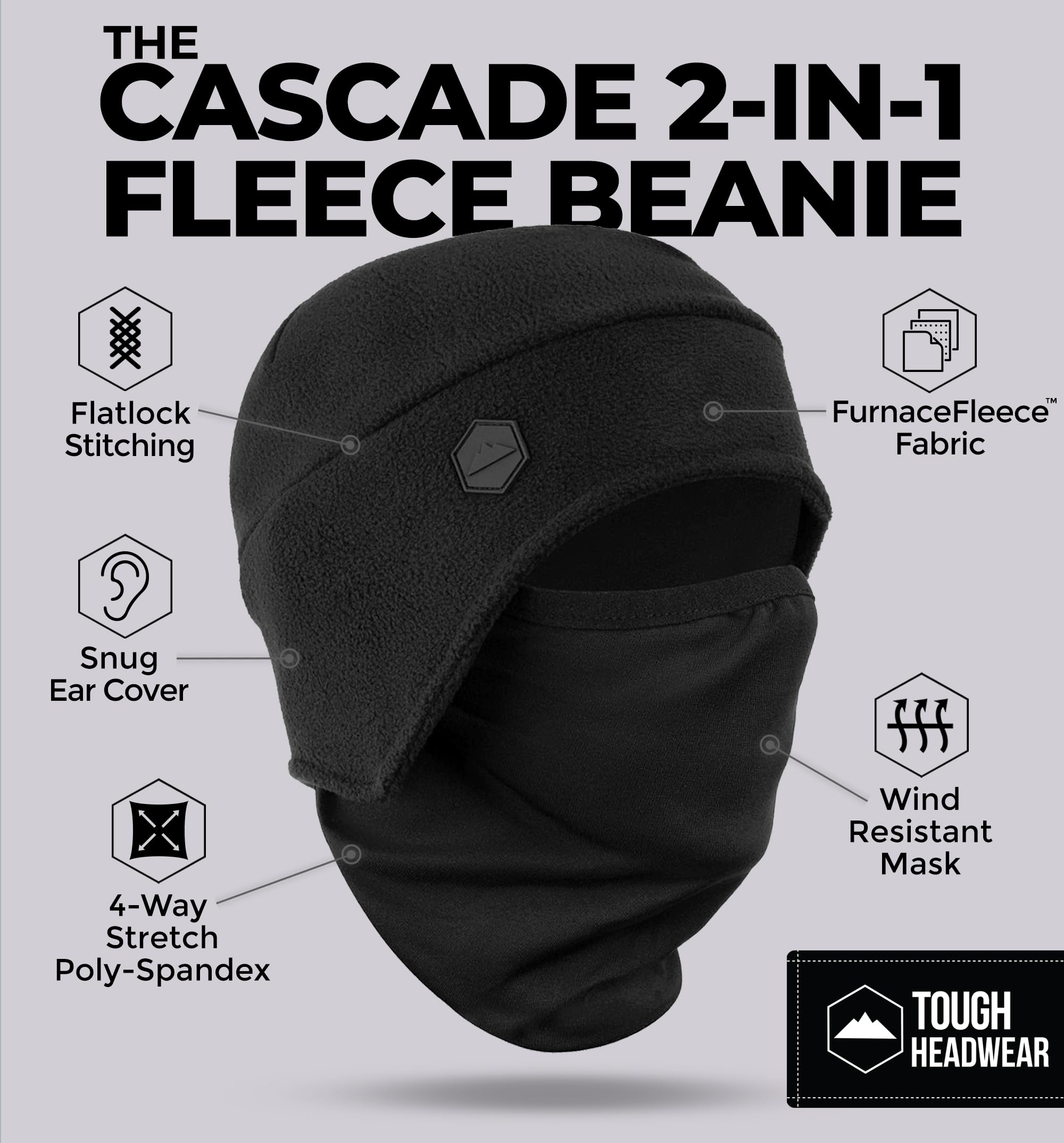 Tough Headwear Skull Cap with Mask Men, Winter Running Gear, Motorcycle Winter Gear, Helmet Liners, Ski Hat, Thermal Beanie