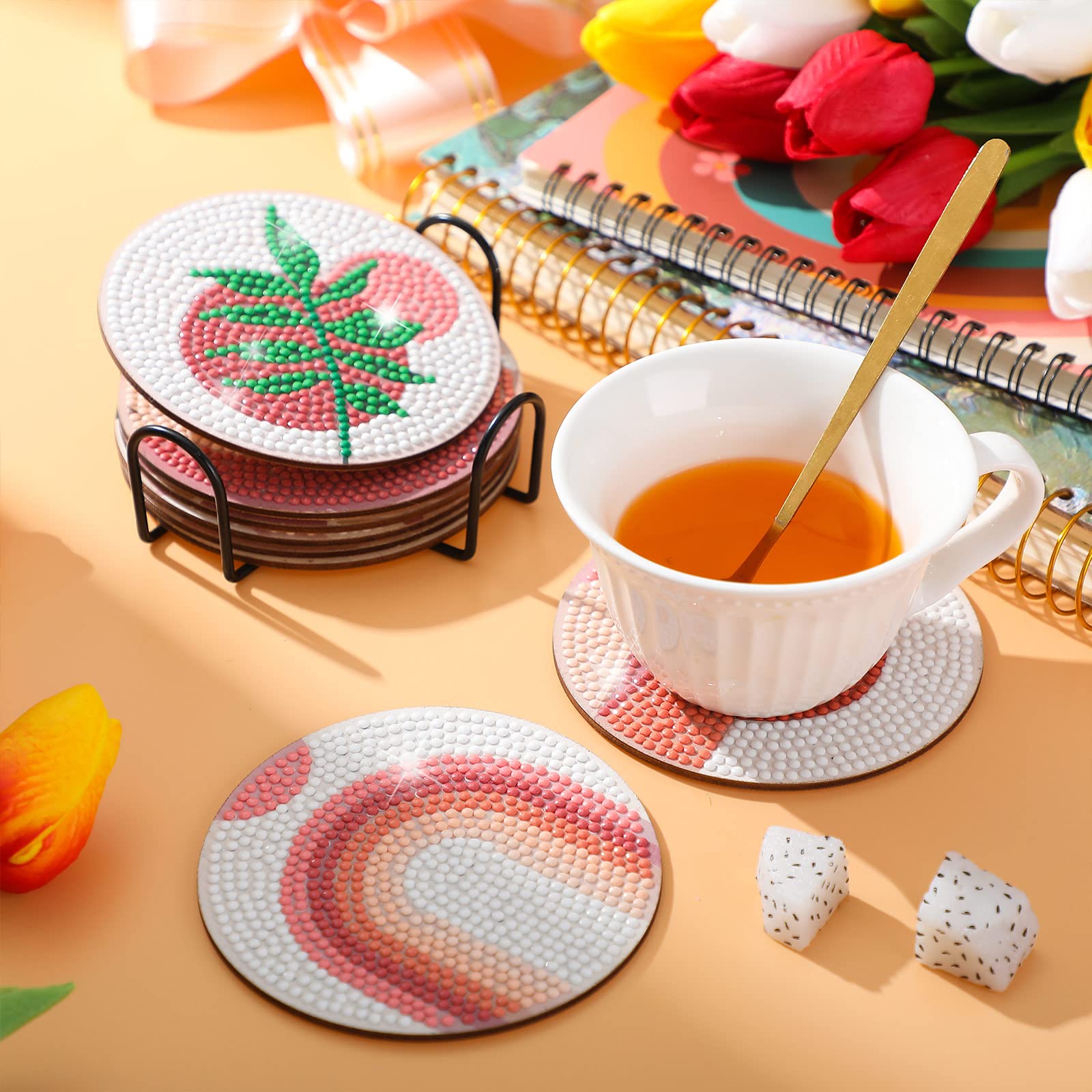 Vesici 8 Pcs Diamond Art Coasters with Holder Cat Shaped DIY Diamond Art Coasters Diamond Art Kits Diamond Crafts Coasters for Adults Kids Beginner Gift Supplies (Boho)