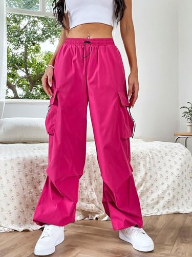 SweatyRocks Women's Drawstring Elastic Waist Loose Pants Casual Flap Pocket Cargo Pants Trousers Hot Pink M