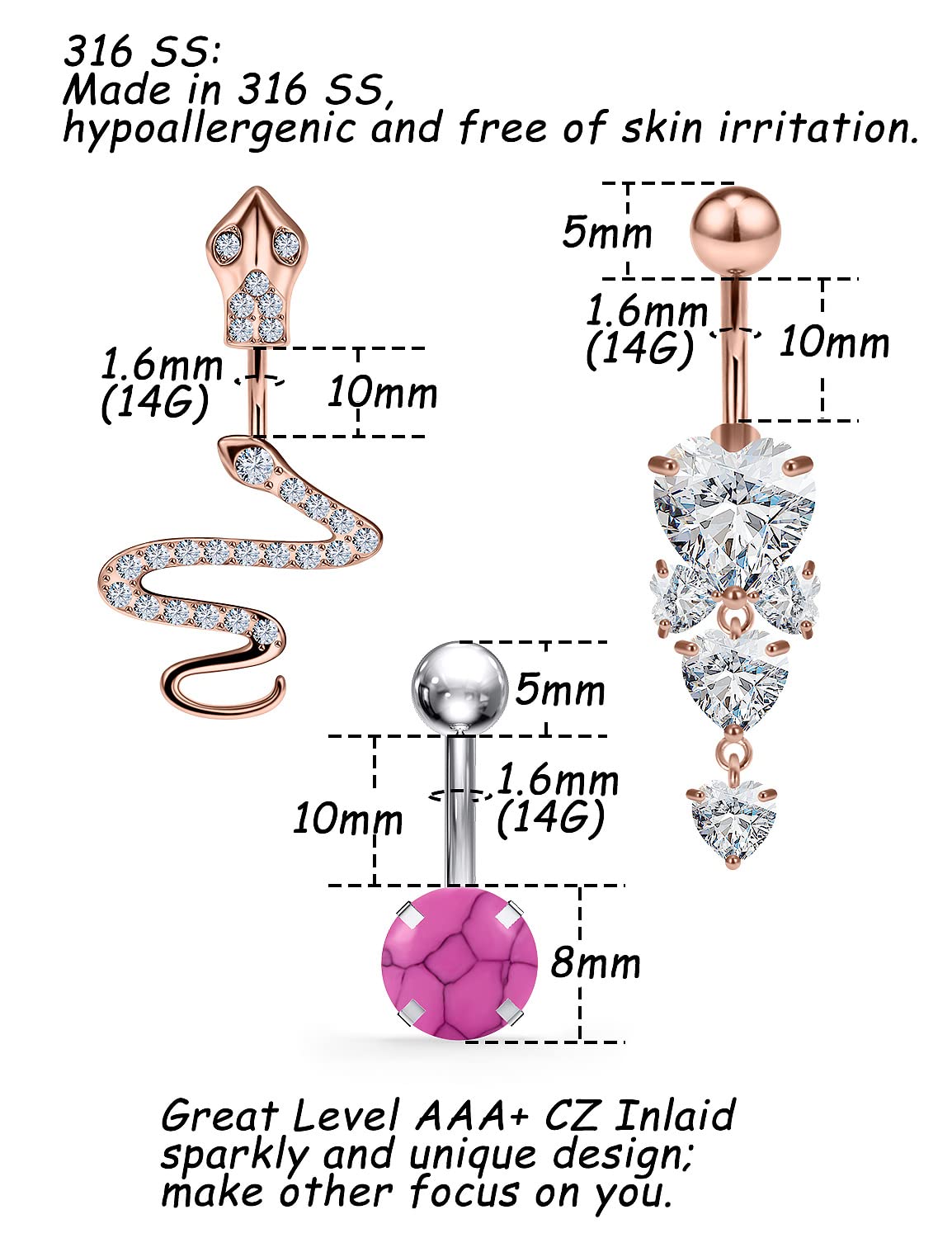 Tvalccoy Belly Button Ring Belly Rings Belly Button Rings Belly Ring Belly Piercing Jewelry Belly Button Piercing Belly Button Ring Surgical Steel Belly Piercing Dangle Belly Button Rings