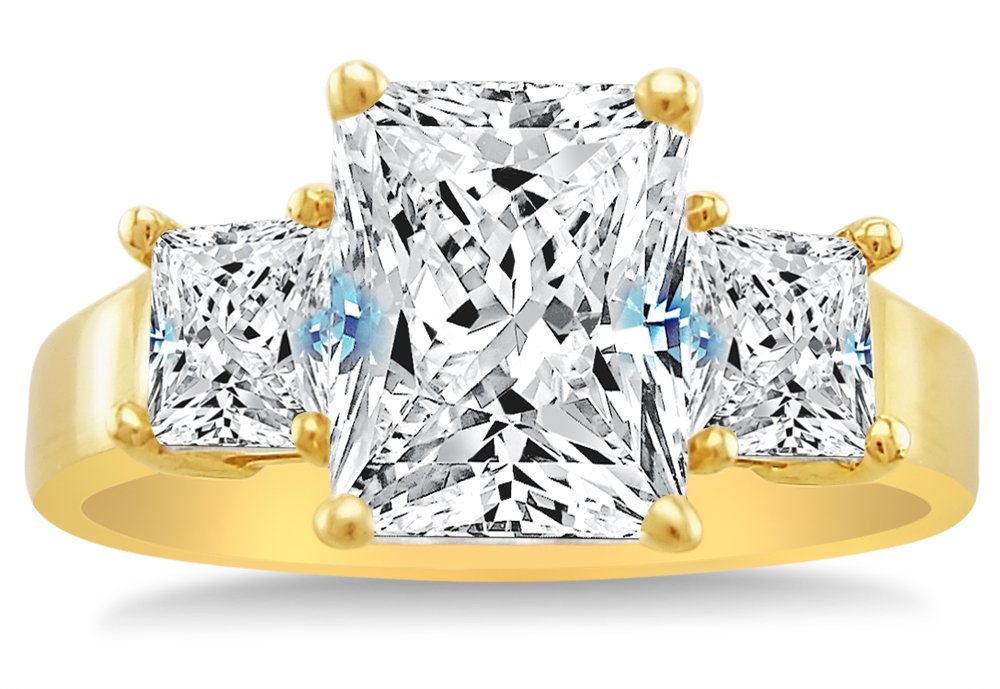 Size 4.5 - Solid 14k Yellow Gold 3 Three Stone Emerald-Cut/Shape Solitaire with Princess Cut Side Stones CZ Cubic Zirconia Engagement Ring 2.5ct.