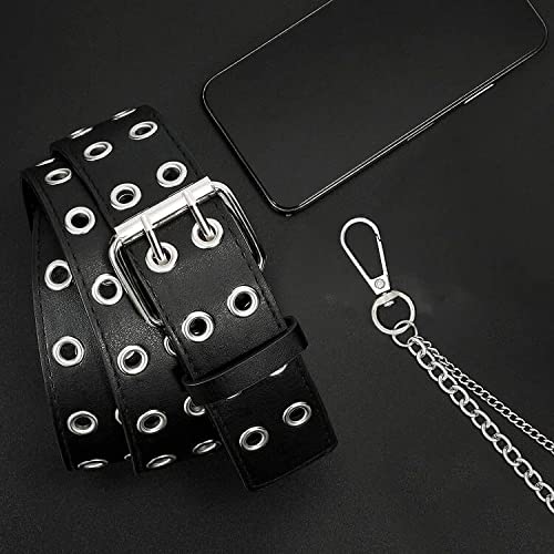 UTOWO Women Grommet-Belt with Chains Waist Belt Punk Style PU Leather (Black1) (free, Black1)