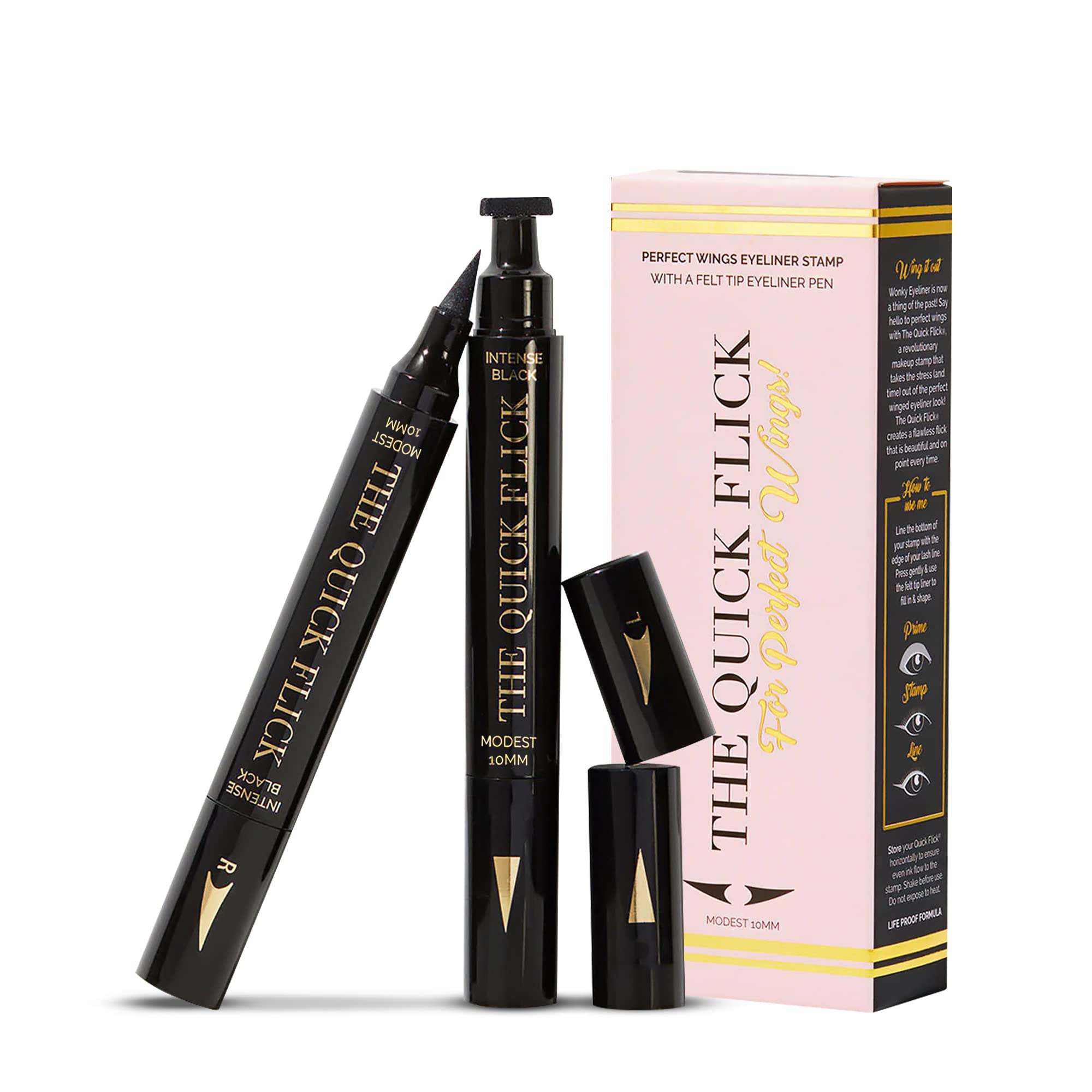 The Quick Flick - Wings Eyeliner Stamp, Felt-Tip Liquid Eyeliner, Water-and-Smudge-Proof Cat Eyeliner, Intense Black Liquid Eyeliner Pen, Grand 12mm (5mm Thickest) Winged Eyeliner Stamp, 2 Pens