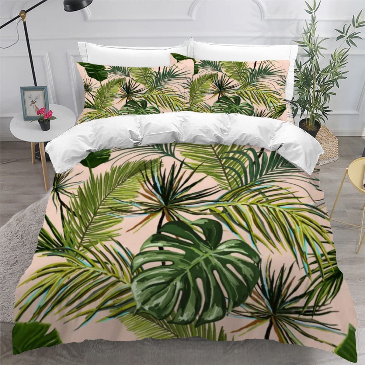 Quilt Cover Twin Size Palm Leaves 3D Bedding Sets Tropical Plants Duvet Cover Breathable Hypoallergenic Stain Wrinkle Resistant Microfiber with Zipper Closure,beding Set with 2 Pillowcase