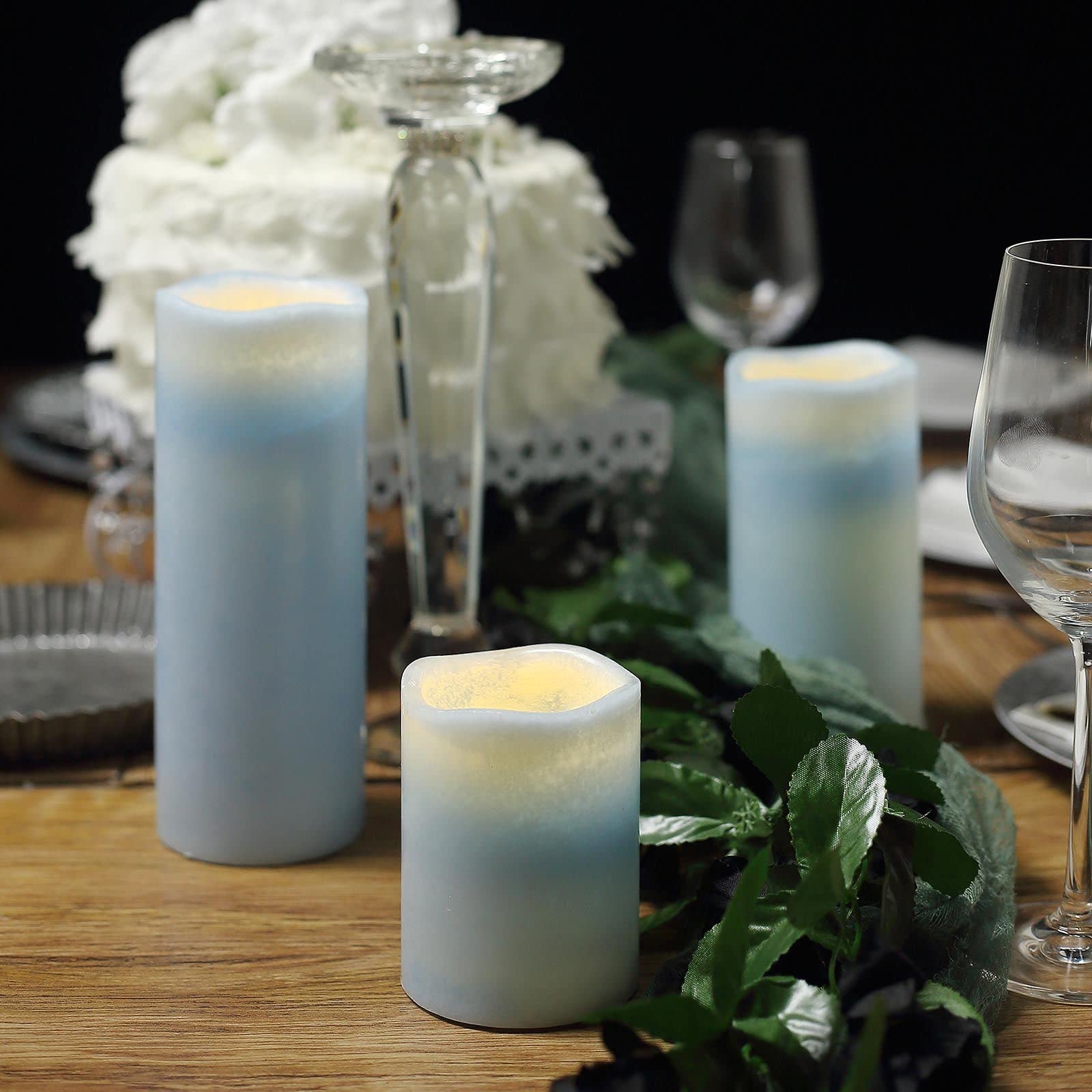 Tableclothsfactory Set of 3 Blue Flameless Candles Battery Operated LED Pillar Candle Lights with Remote Timer - 4" / 6β / 8β