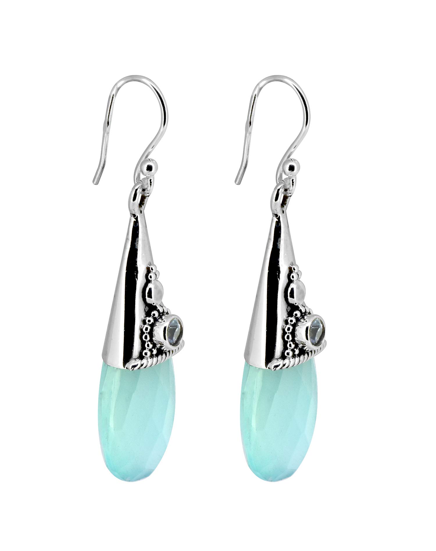 YoTreasure 925 Sterling Silver Aqua Chalcedony Crystal Retro Drop Earrings