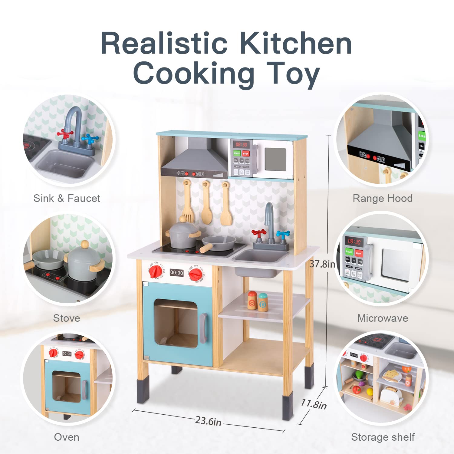 TOOKYLAND Play Kitchen Set for Toddler with Real Light & Sound, Removable Sink, Microwave, Range Hood, Stove, Oven for Kids Gift Age 3+
