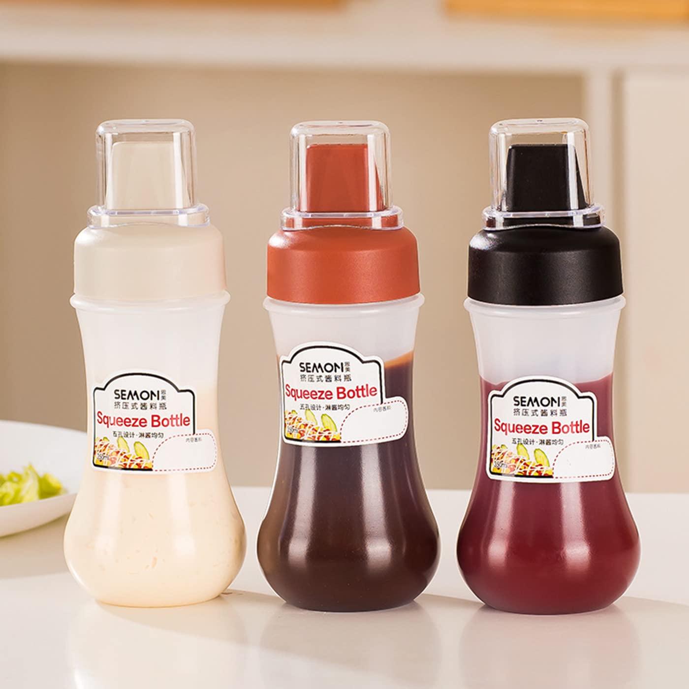 YYYFEI 5-hole Sauce Squeeze Bottles with Lid,9.87oz/280ml Plastic Condiment Bottles for Ketchup Peanut Butter Ketchup Salad Dressing Mustard ,with Scale and Labels,3pcs