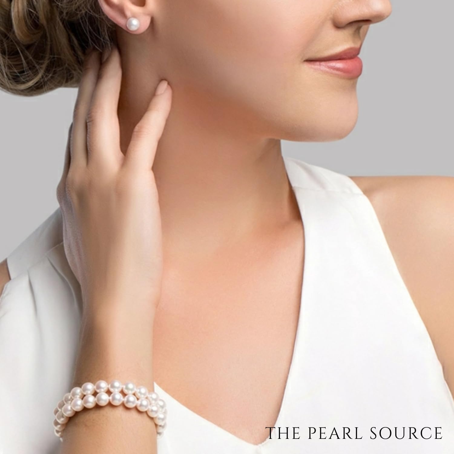 The Pearl Source Sterling Silver 6-7mm AAAA Quality Round White Double Freshwater Cultured Pearl Bracelet for Women