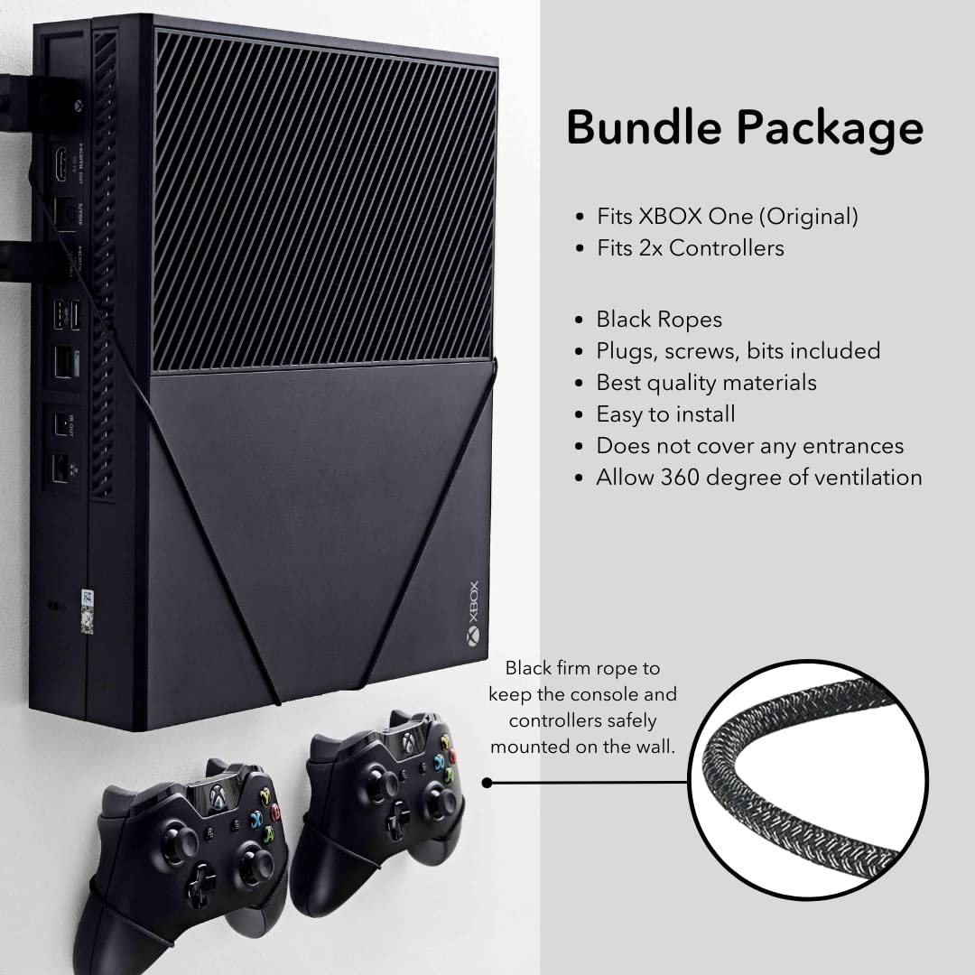 Xbox One Original Wall Mount Solution by FLOATING GRIP - Mounting Kit for Game Consoles - Strong & Slim Ropes - Effective Ventilation, Easy-to-Install System (Standard: Fits Xbox One Original, White)