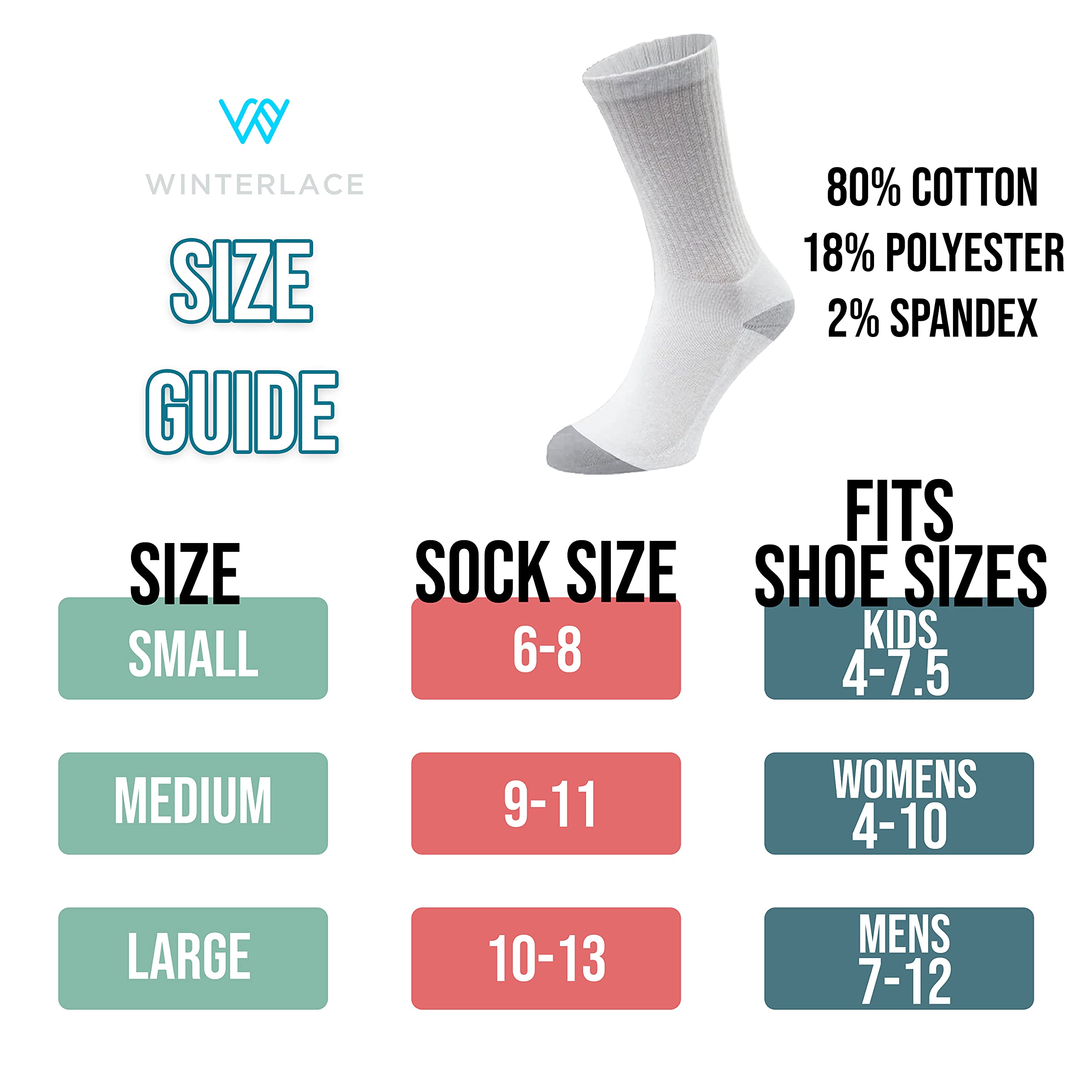 Winterlace 48 Pairs Crew Socks for Men Women Kids, Wholesale Bulk Cotton Basic Sport Sock, Donation